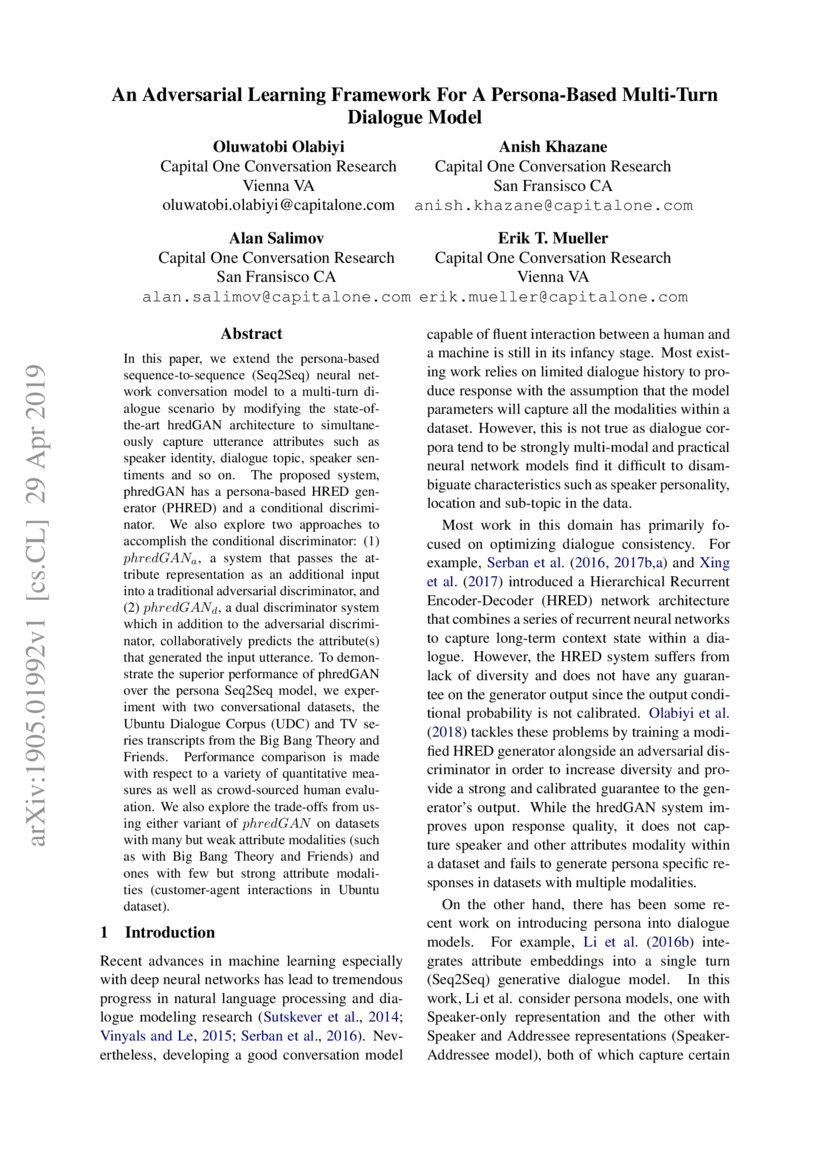 An Adversarial Learning Framework For A Persona-Based Multi-Turn Dialogue Model | DeepAI