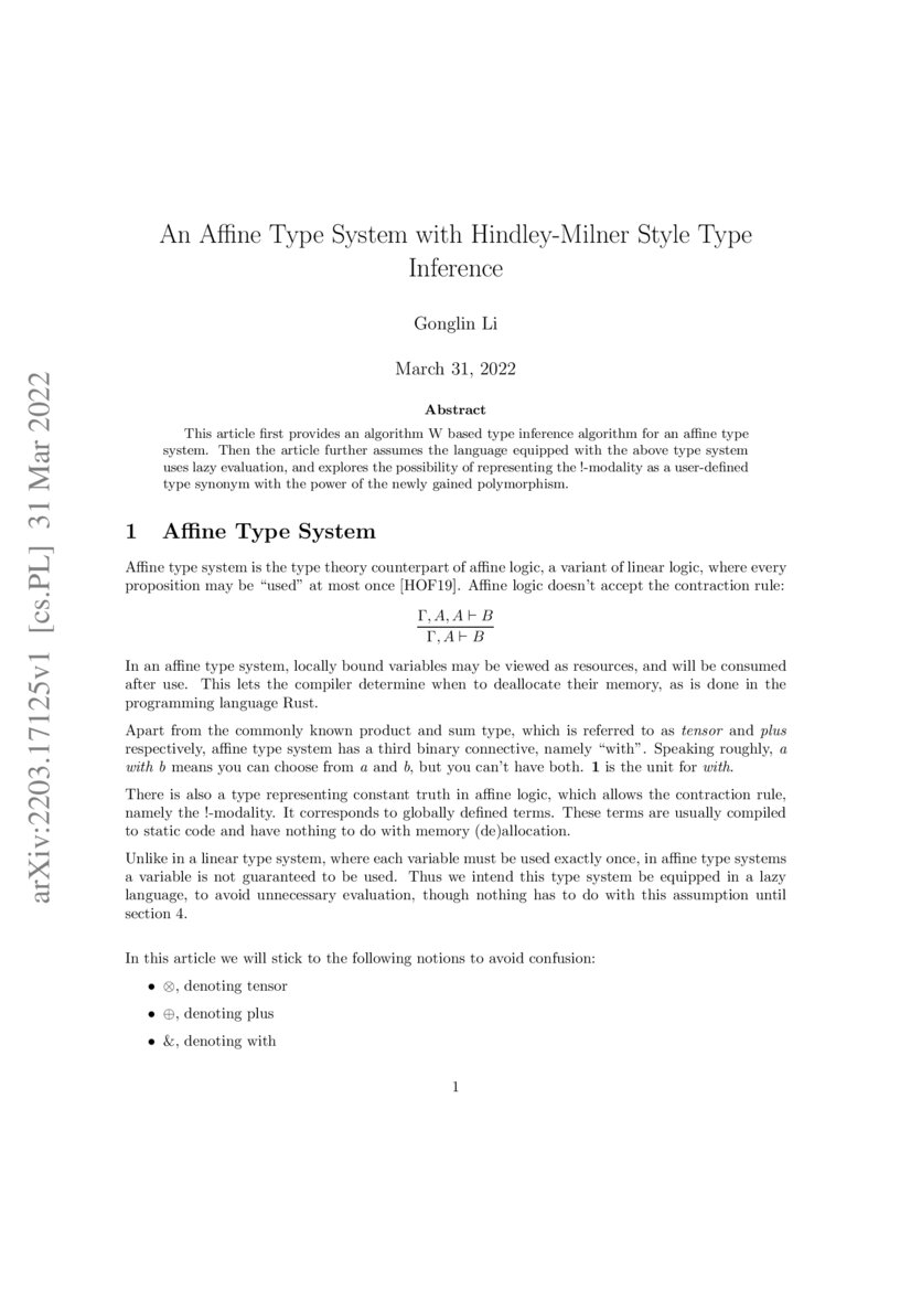 An Affine Type System with Hindley-Milner Style Type Inference | DeepAI