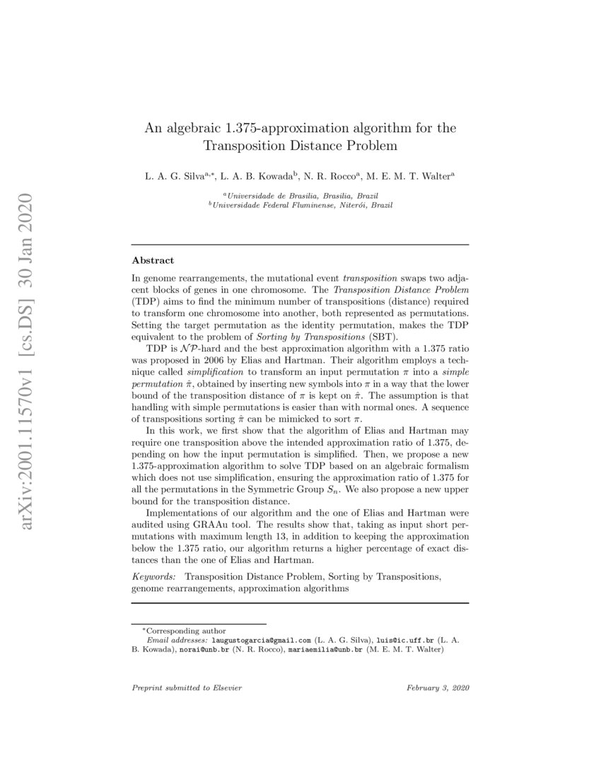 An Algebraic 1375 Approximation Algorithm For The Transposition Distance Problem Deepai 