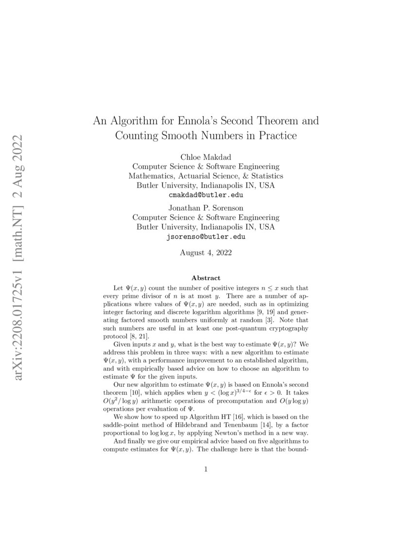 An Algorithm for Ennola's Second Theorem and Counting Smooth Numbers in Practice | DeepAI