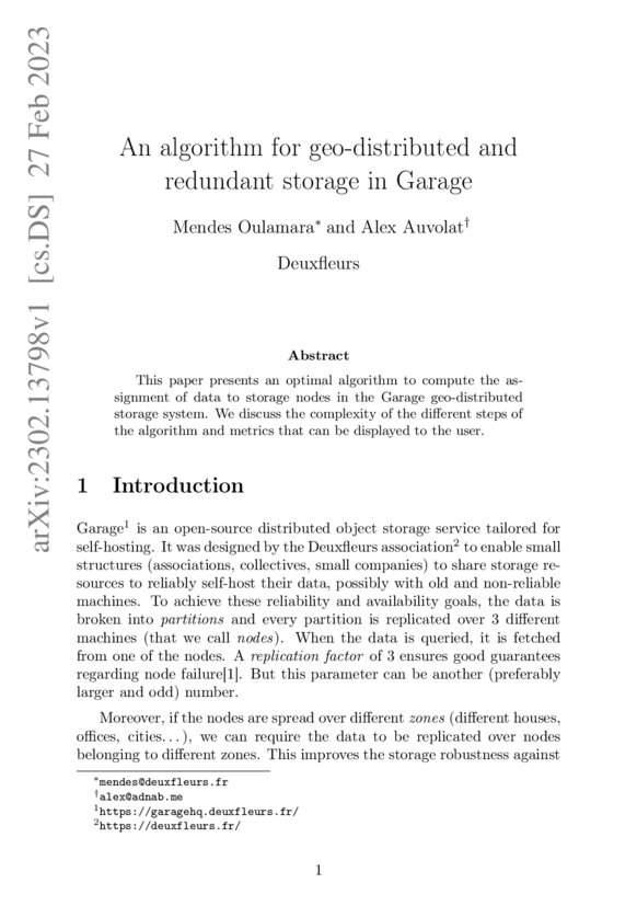 An algorithm for geo-distributed and redundant storage in Garage | DeepAI