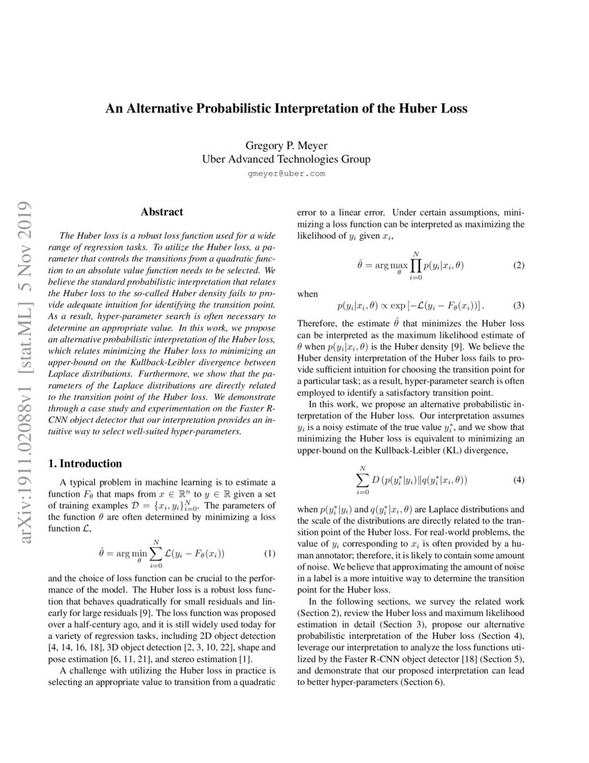 An Alternative Probabilistic Interpretation of the Huber Loss | DeepAI