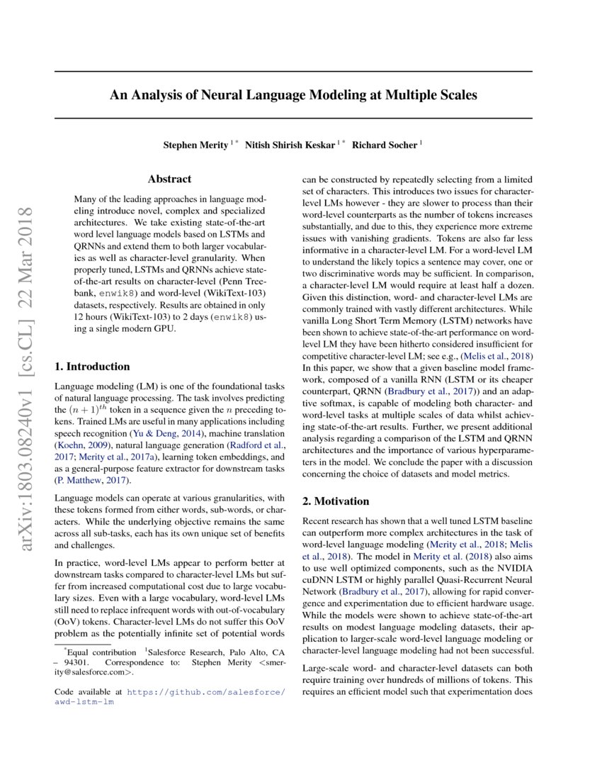 An Analysis of Neural Language Modeling at Multiple Scales | DeepAI