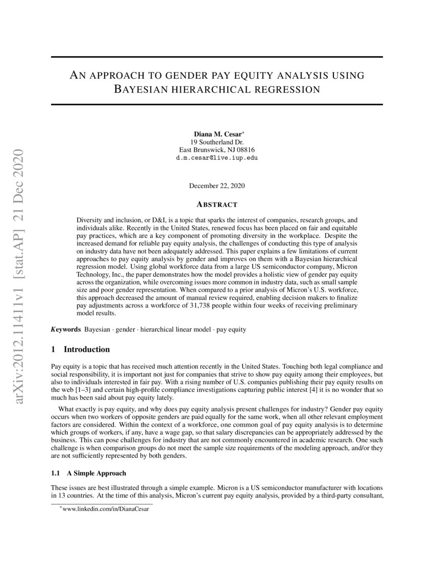 An Approach to Gender Pay Equity Analysis Using Bayesian Hierarchical Regression | DeepAI