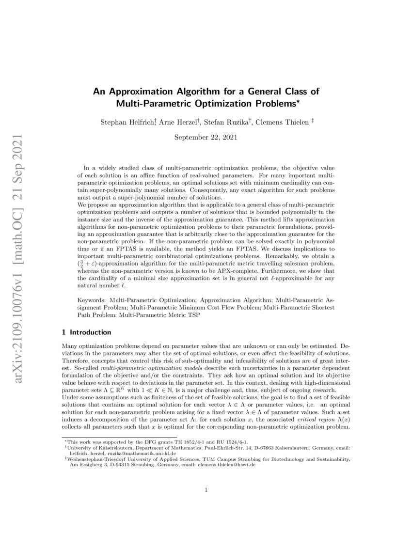 An Approximation Algorithm For A General Class Of Multi Parametric Optimization Problems Deepai