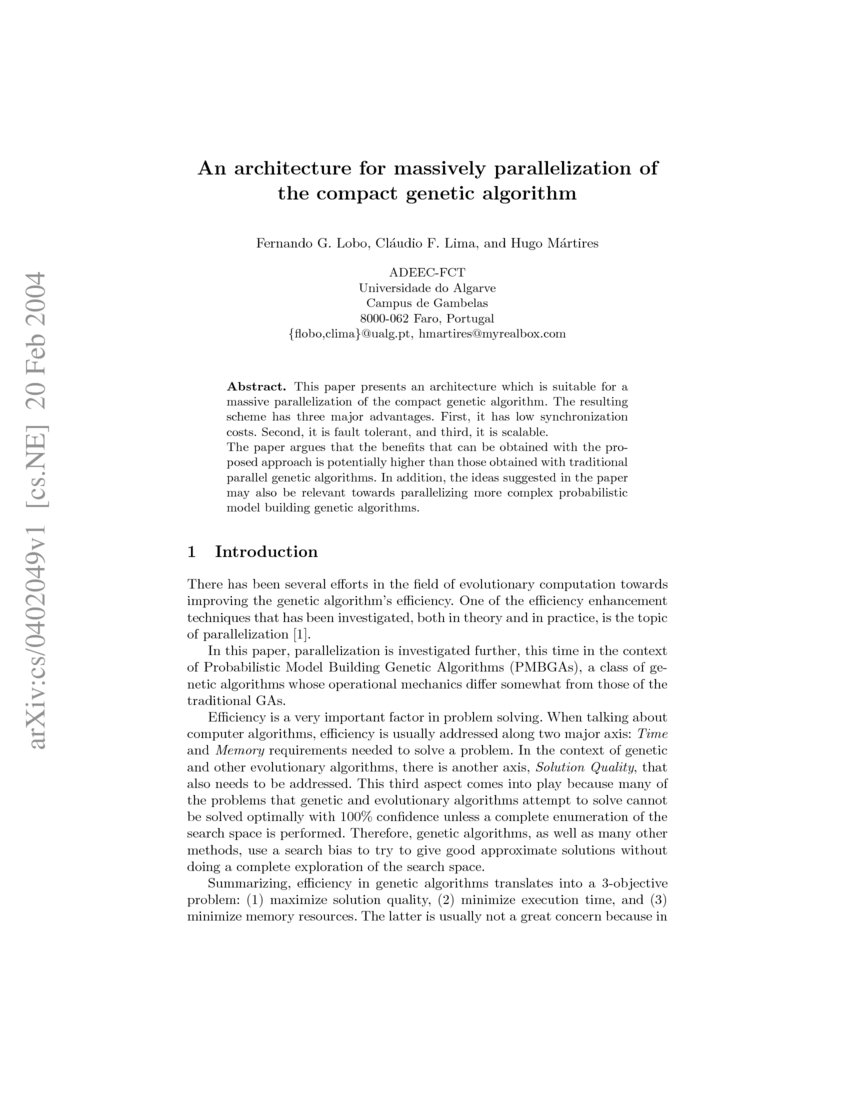 An Architecture For Massive Parallelization Of The Compact Genetic Algorithm Deepai
