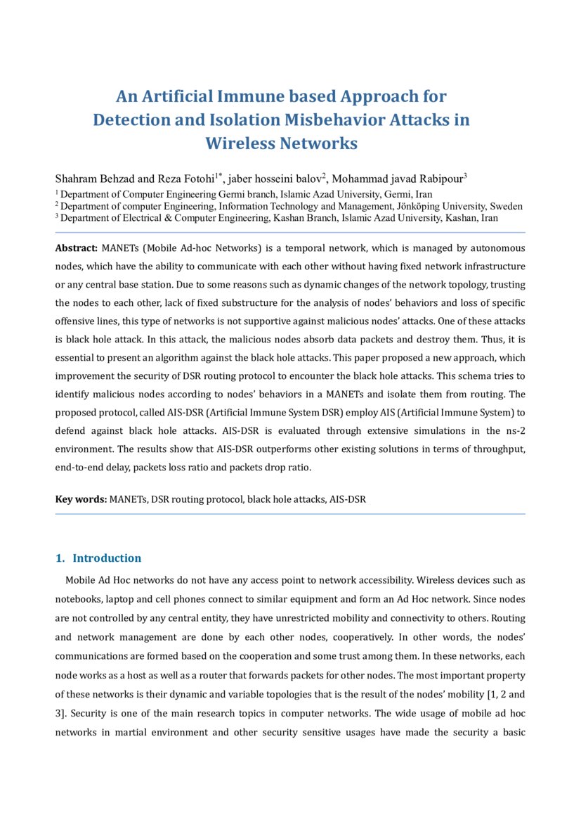 An Artificial Immune Based Approach for Detection and Isolation Misbehavior Attacks in Wireless ...
