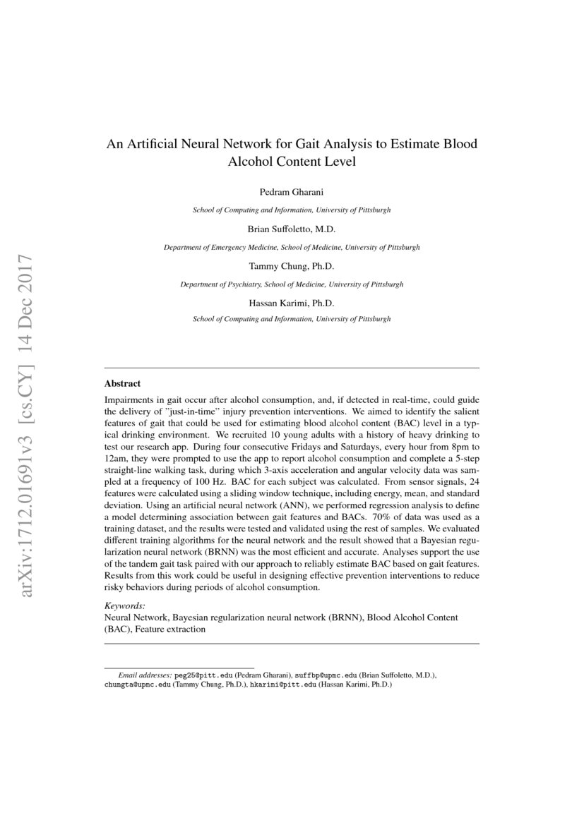 An Artificial Neural Network for Gait Analysis to Estimate Blood Alcohol Content Level | DeepAI