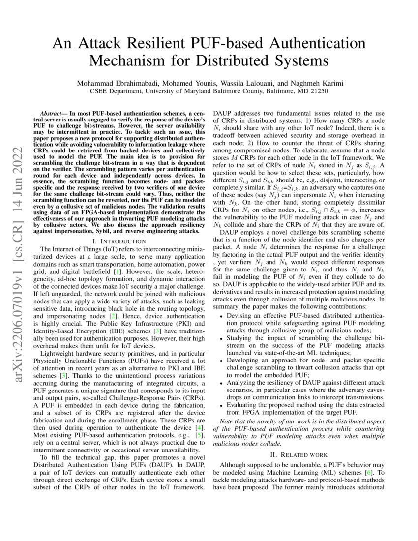 An Attack Resilient PUF-based Authentication Mechanism for Distributed Systems | DeepAI