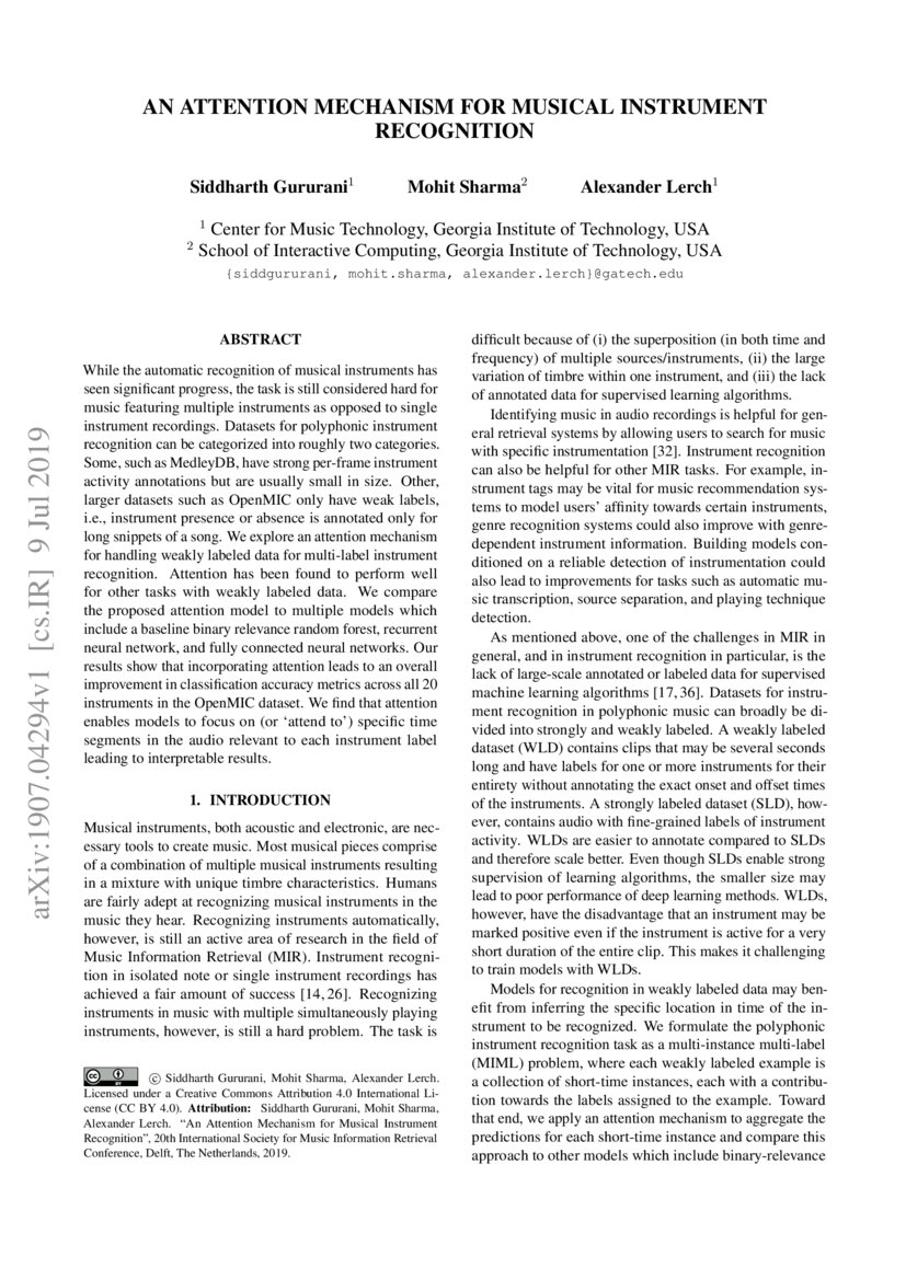 An Attention Mechanism for Musical Instrument Recognition | DeepAI