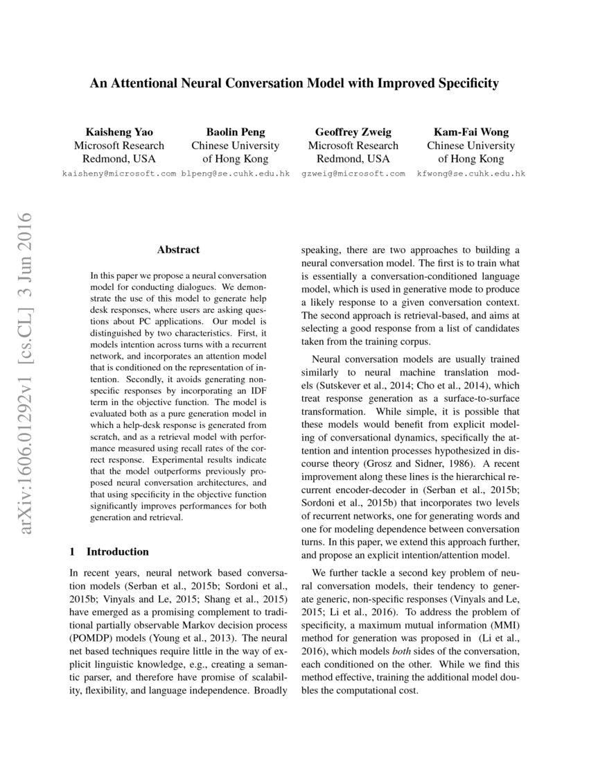 An Attentional Neural Conversation Model With Improved Specificity Deepai
