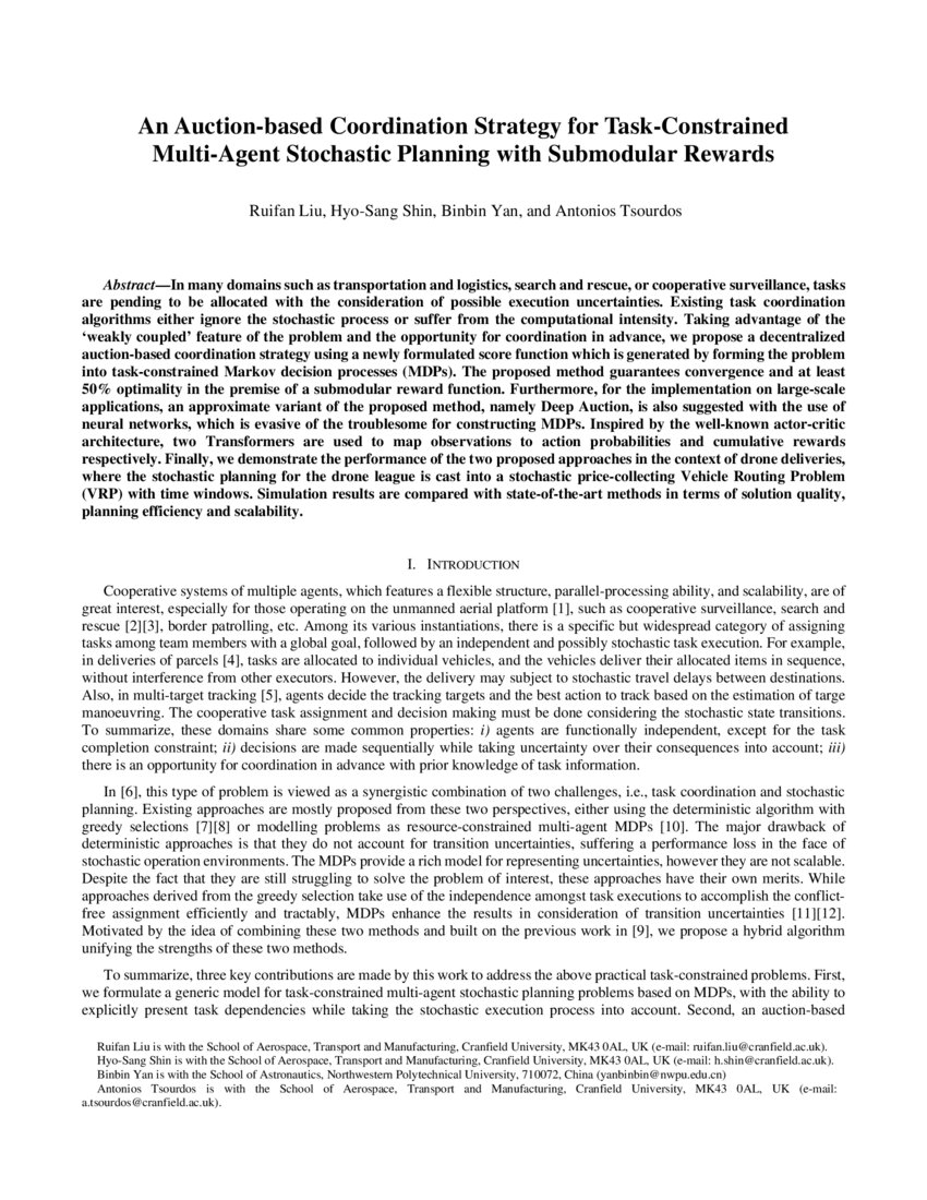 An Auction Based Coordination Strategy For Task Constrained Multi Agent Stochastic Planning With