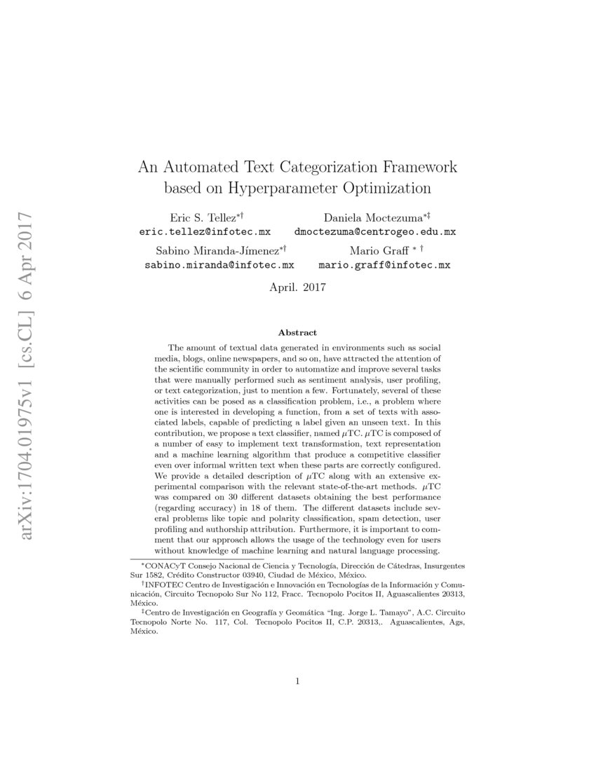 An Automated Text Categorization Framework Based On Hyperparameter Optimization Deepai