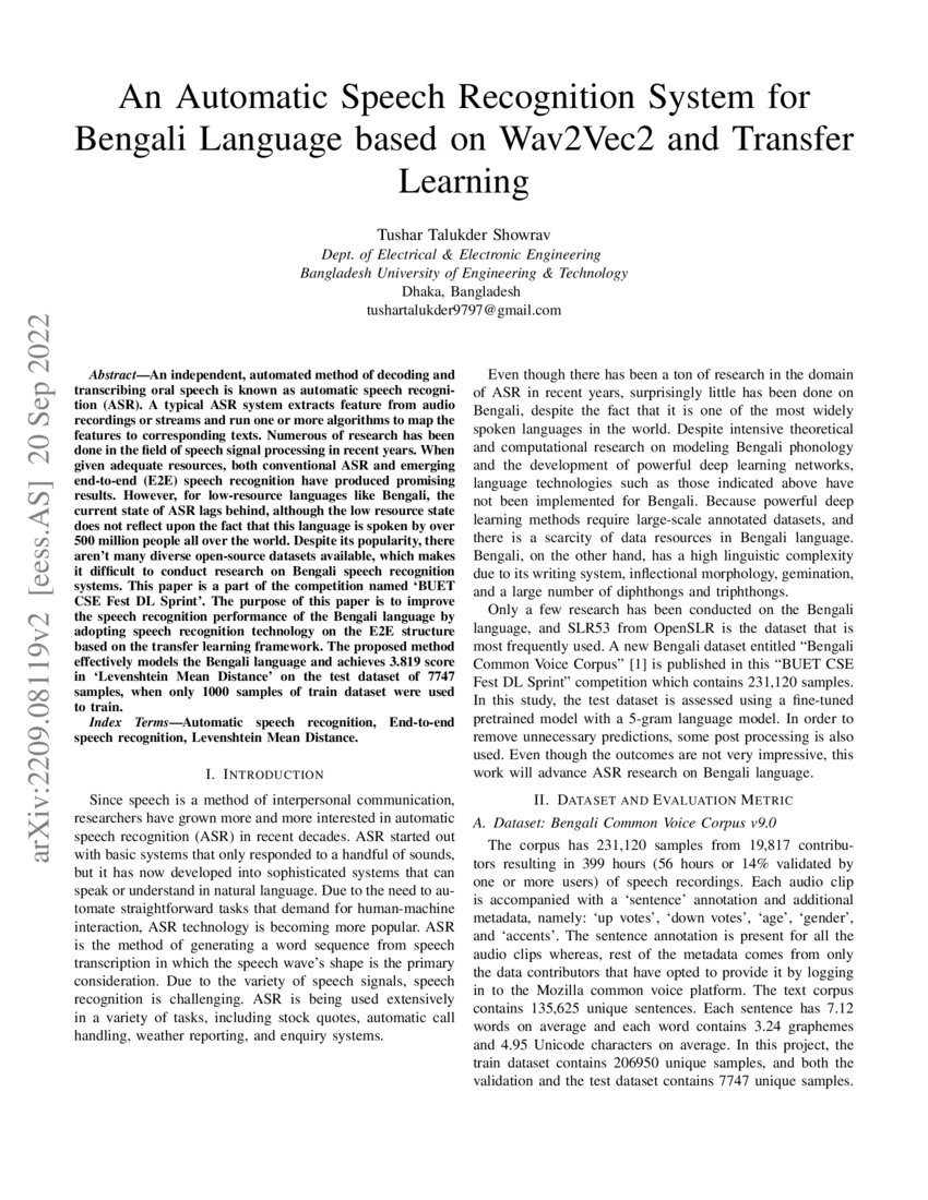 An Automatic Speech Recognition System For Bengali Language Based On Wav2vec2 And Transfer