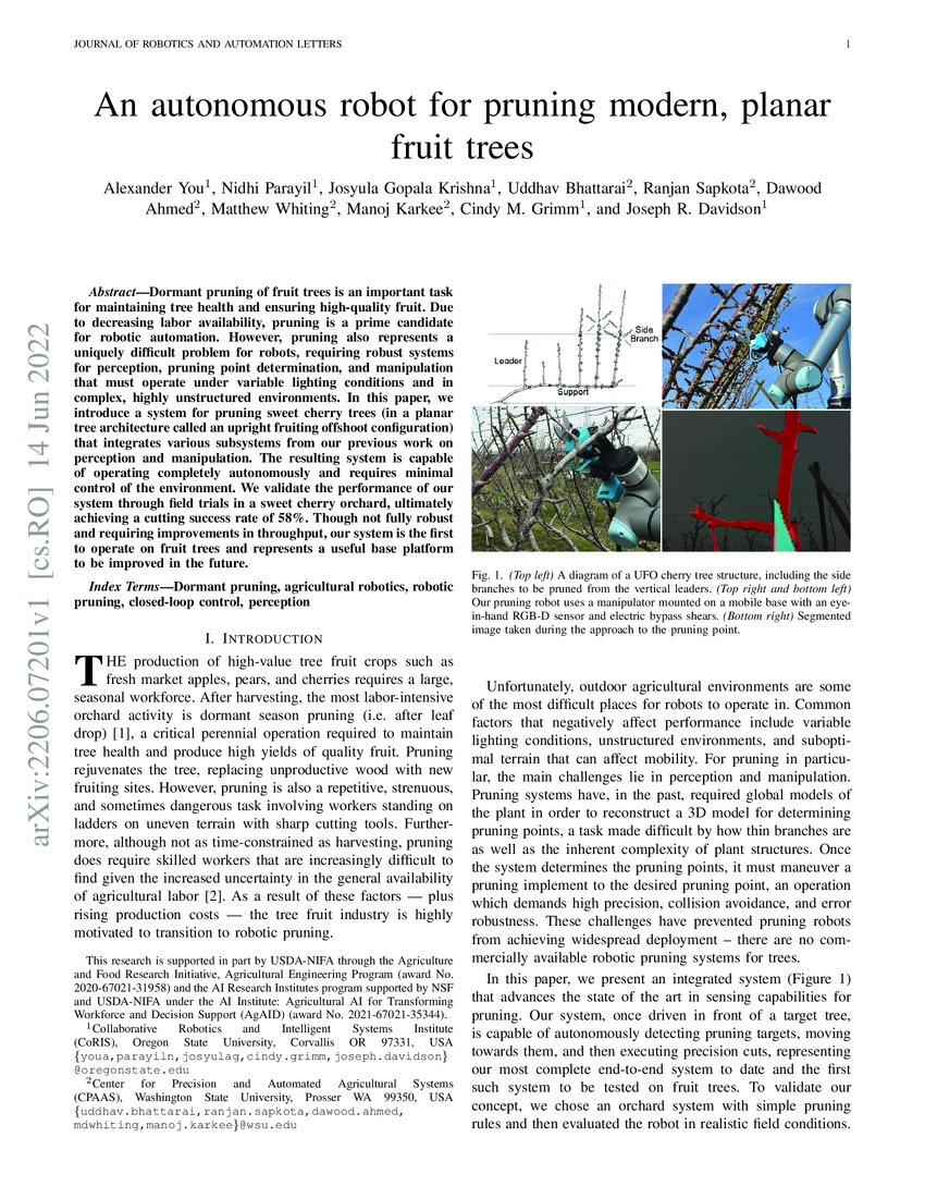 An autonomous robot for pruning modern, planar fruit trees | DeepAI
