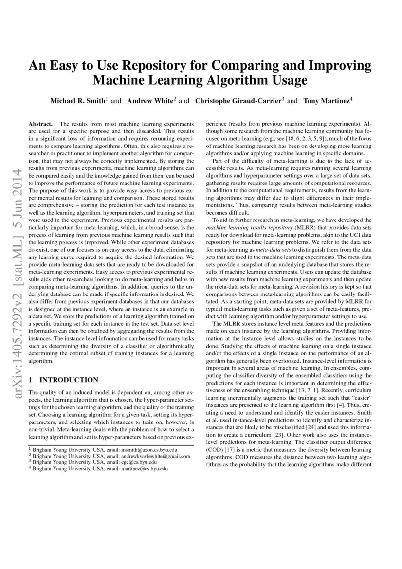 An Easy To Use Repository For Comparing And Improving Machine Learning Algorithm Usage Deepai