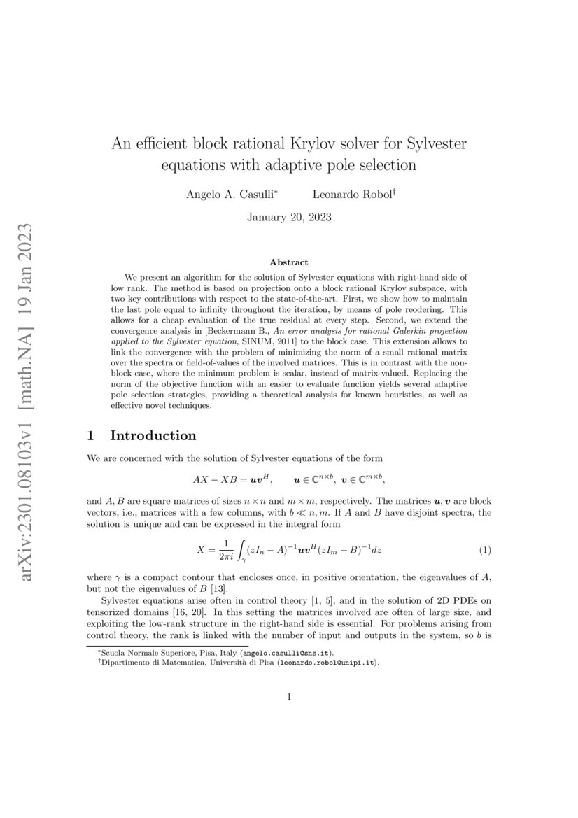 An effcient block rational Krylov solver for Sylvester equations with adaptive pole selection ...