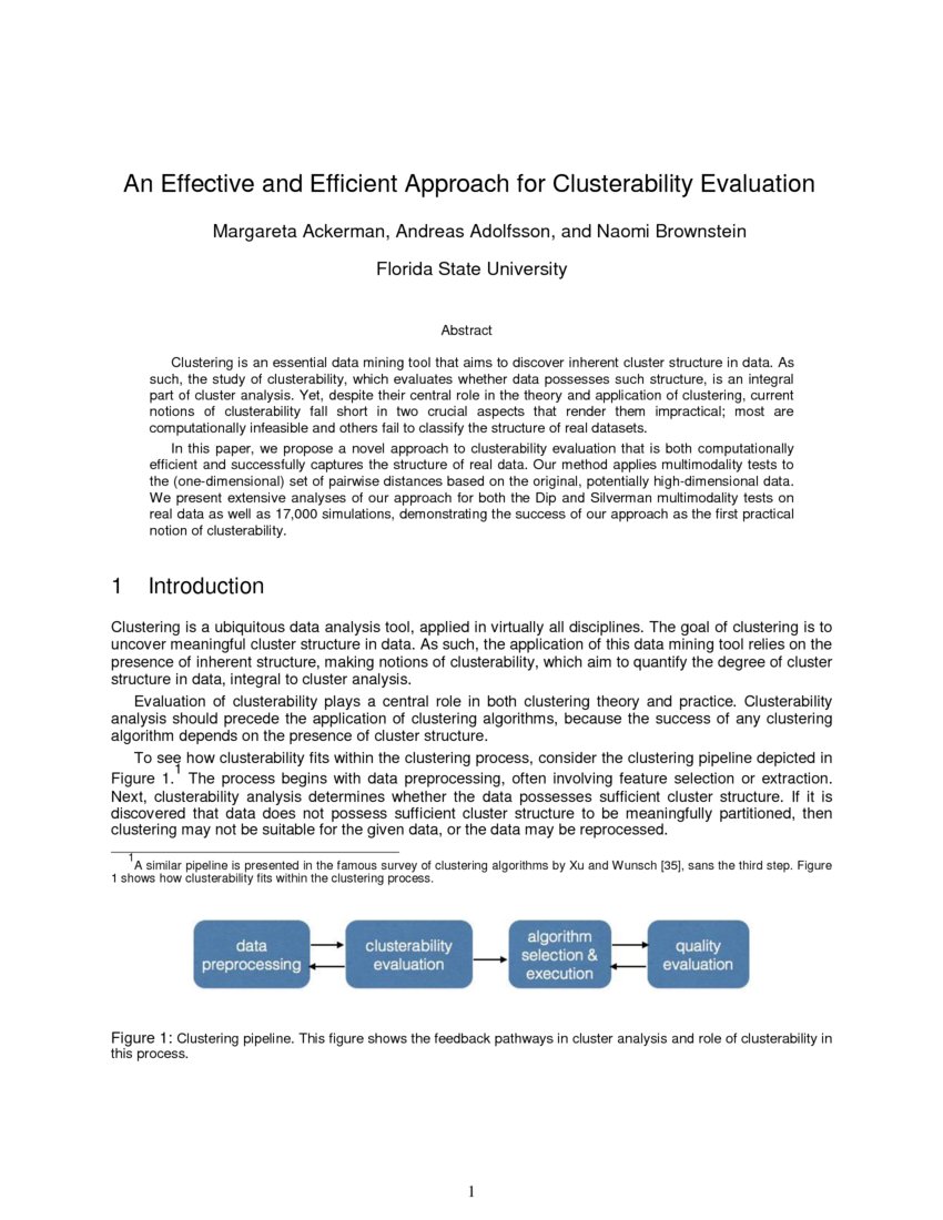 An Effective And Efficient Approach For Clusterability Evaluation Deepai