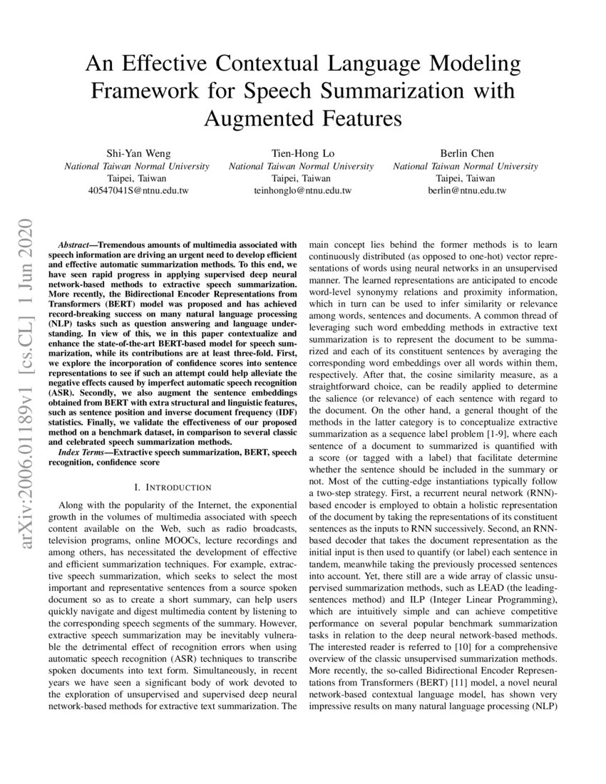An Effective Contextual Language Modeling Framework For Speech Summarization With Augmented