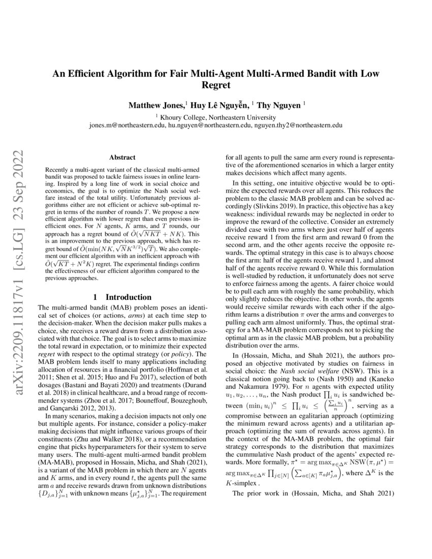 An Efficient Algorithm For Fair Multi Agent Multi Armed Bandit With Low Regret Deepai 