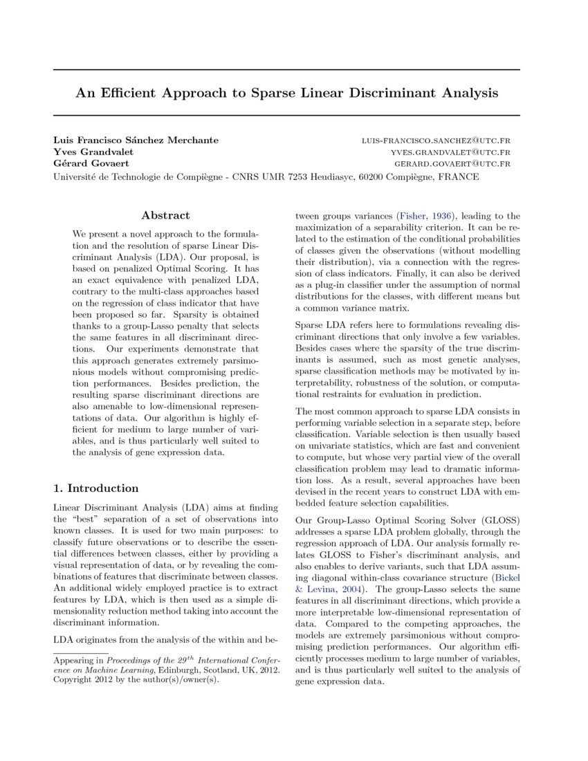 An Efficient Approach To Sparse Linear Discriminant Analysis Deepai