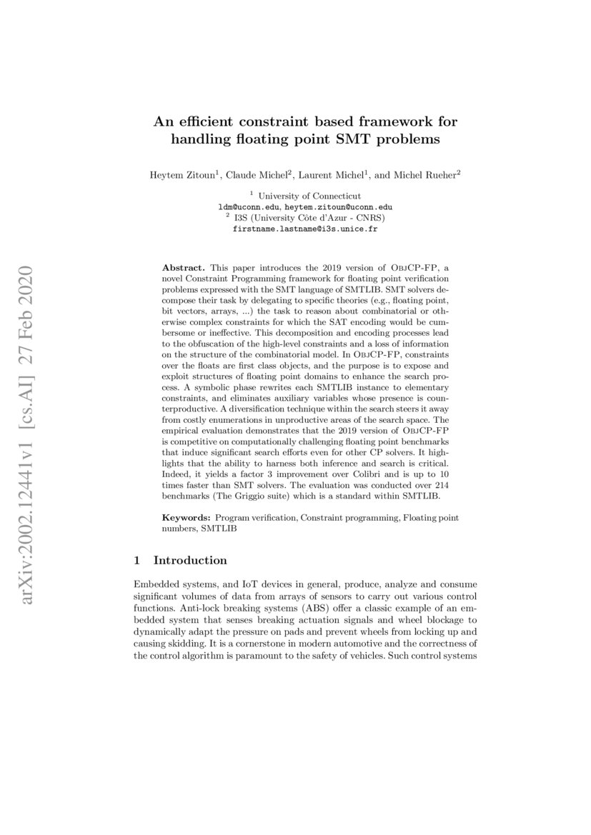An Efficient Constraint Based Framework Forhandling Floating Point Smt Problems Deepai