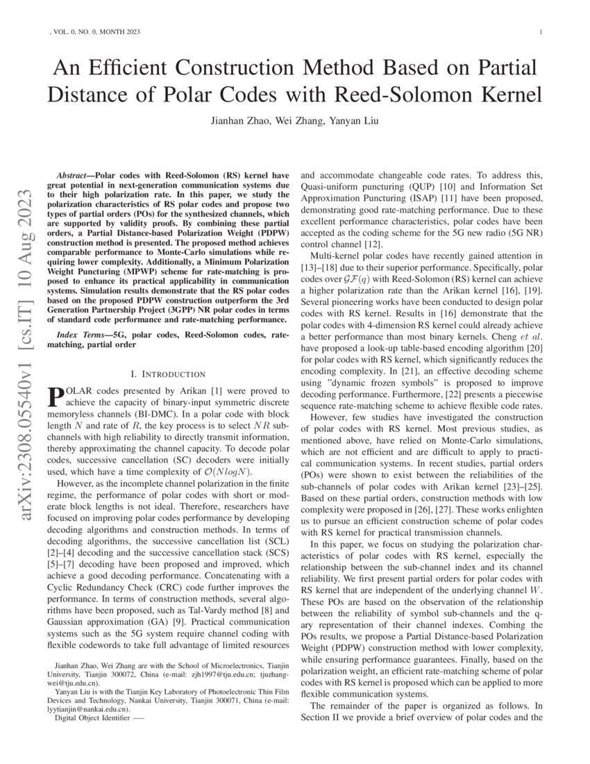An Efficient Construction Method Based on Partial Distance of Polar Codes with Reed-Solomon ...