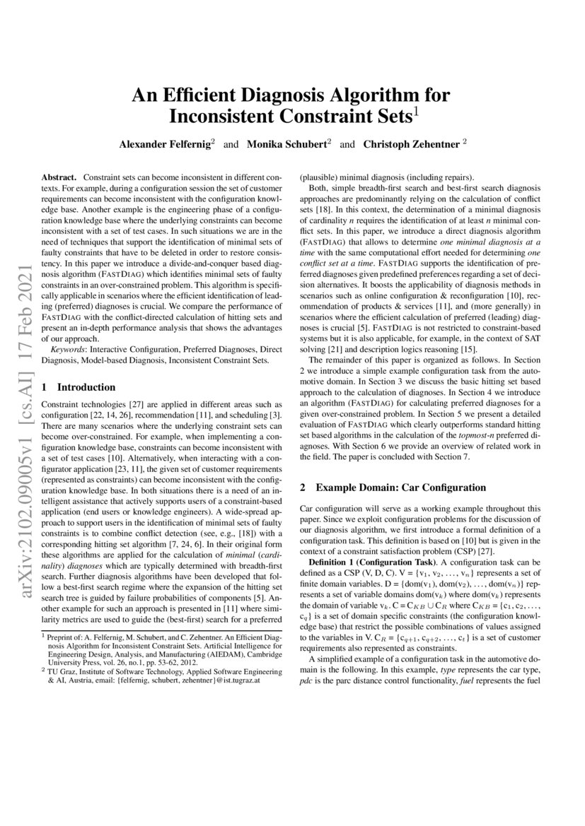 An Efficient Diagnosis Algorithm for Inconsistent Constraint Sets | DeepAI