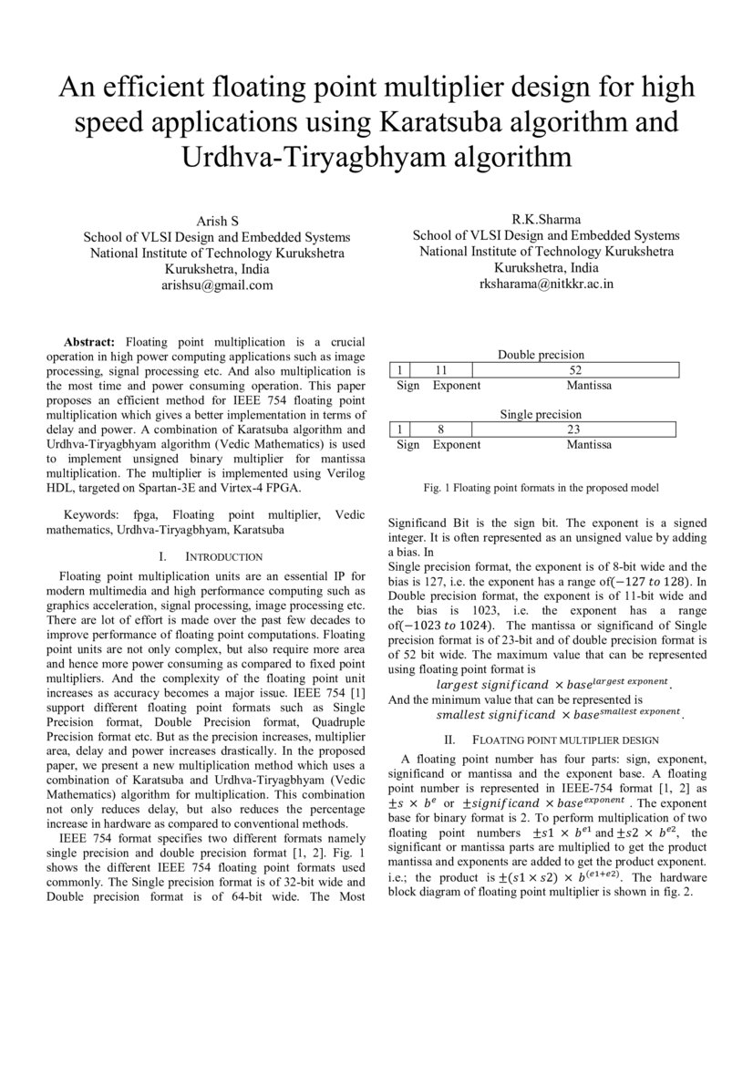 An Efficient Floating Point Multiplier Design For High Speed Applications Using Karatsuba