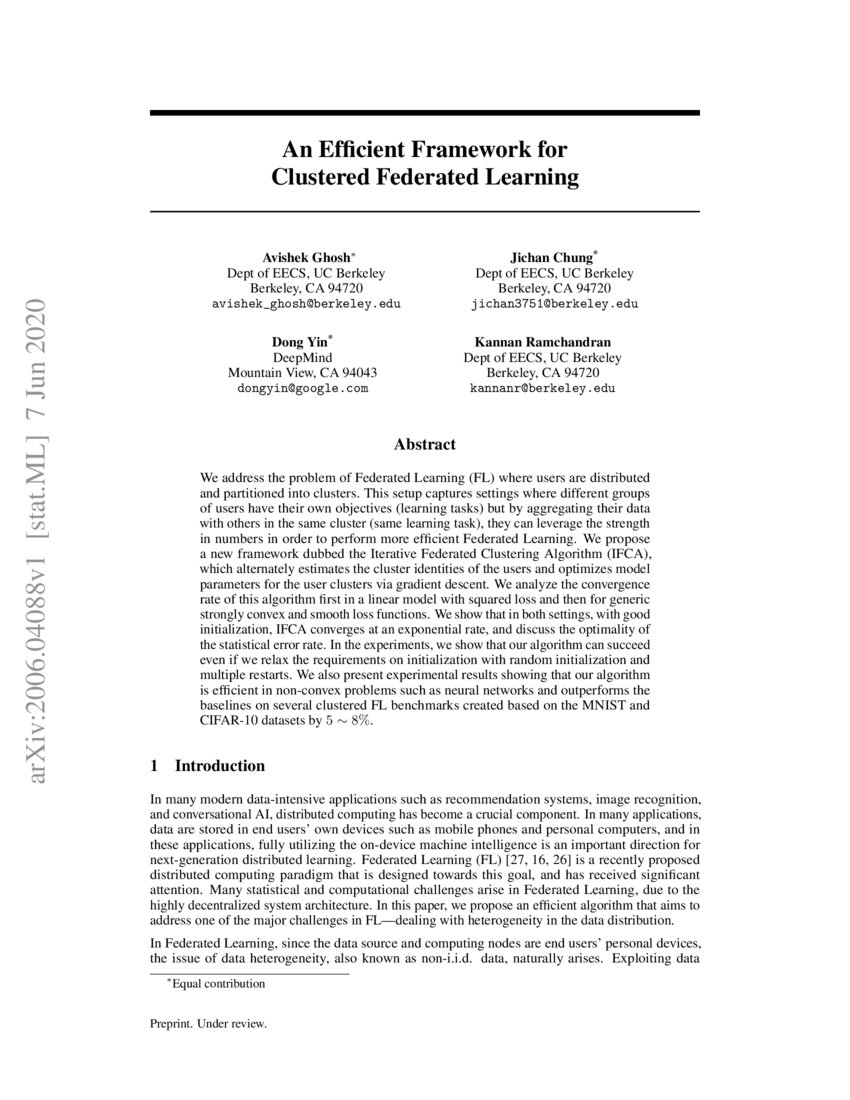 An Efficient Framework For Clustered Federated Learning Deepai