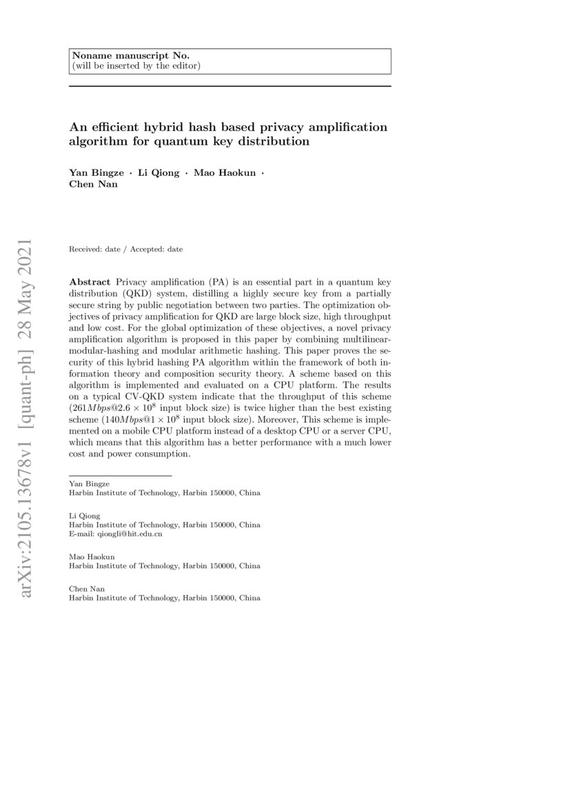 An Efficient Hybrid Hash Based Privacy Amplification Algorithm For Quantum Key Distribution Deepai 0384