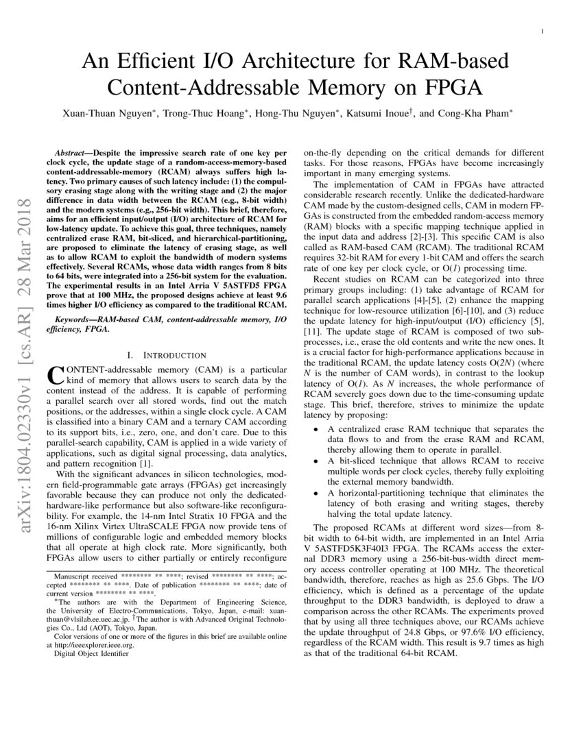 An Efficient Io Architecture For Ram Based Content Addressable Memory On Fpga Deepai