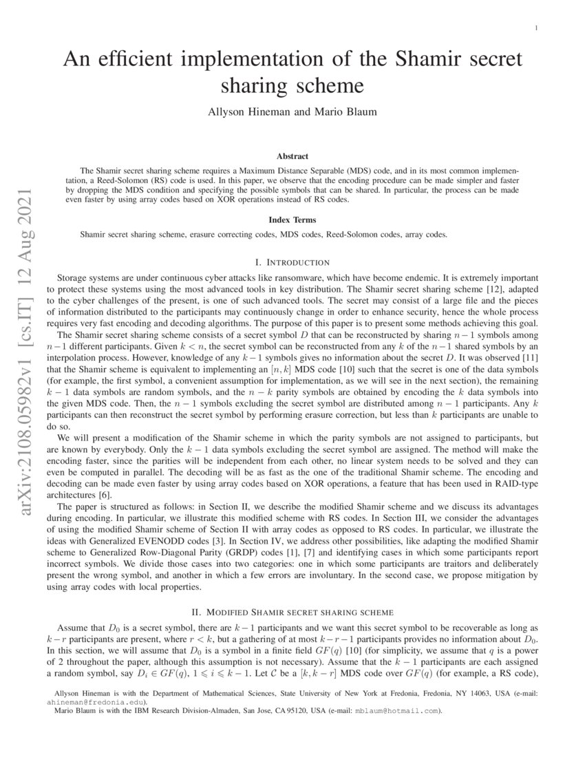 An efficient implementation of the Shamir secret sharing scheme | DeepAI