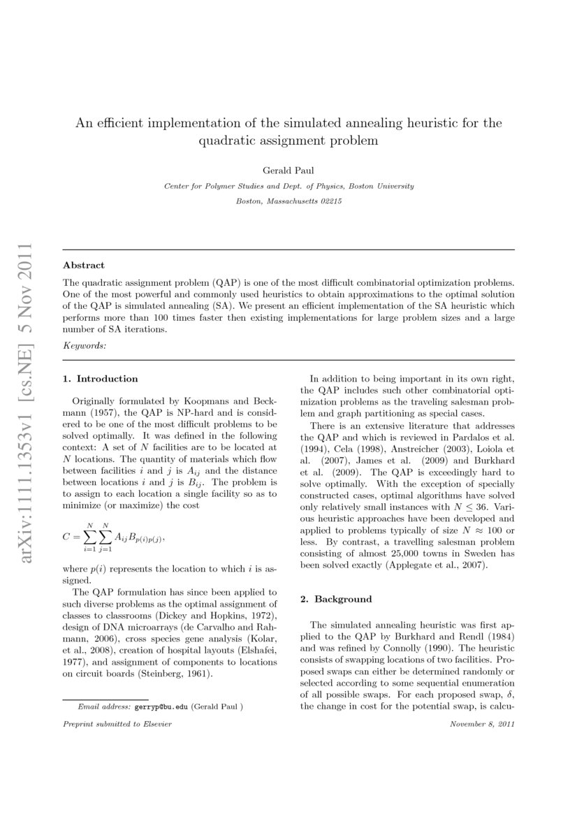 An Efficient Implementation Of The Simulated Annealing Heuristic For The Quadratic Assignment