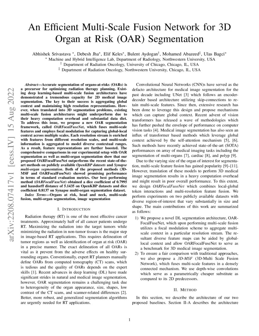 An Efficient Multi-Scale Fusion Network for 3D Organ at Risk (OAR) Segmentation | DeepAI