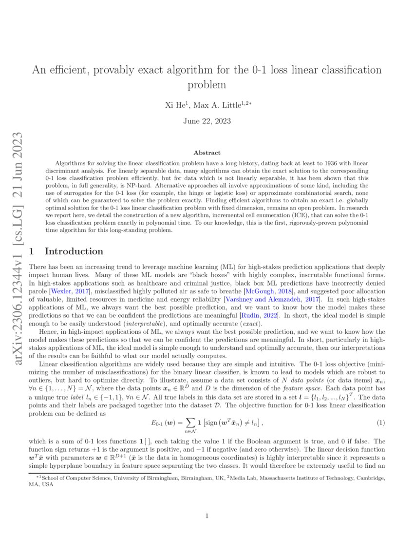 An Efficient Provably Exact Algorithm For The 0 1 Loss Linear Classification Problem Deepai 