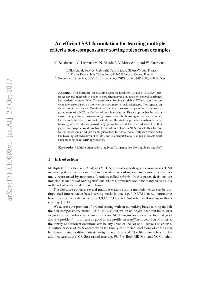 An efficient SAT formulation for learning multiple criteria non-compensatory sorting rules from ...