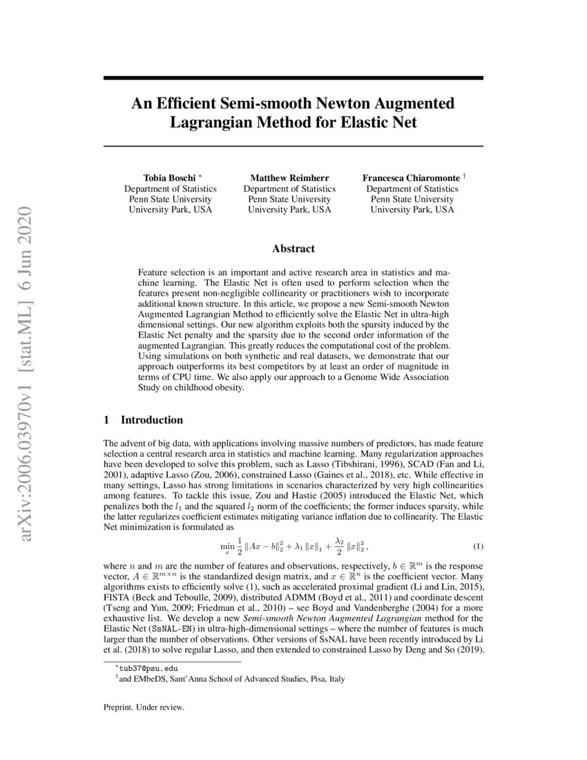 An Efficient Semi Smooth Newton Augmented Lagrangian Method For Elastic Net Deepai