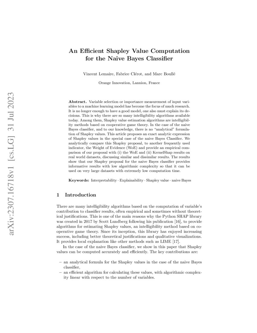 An Efficient Shapley Value Computation For The Naive Bayes Classifier Deepai