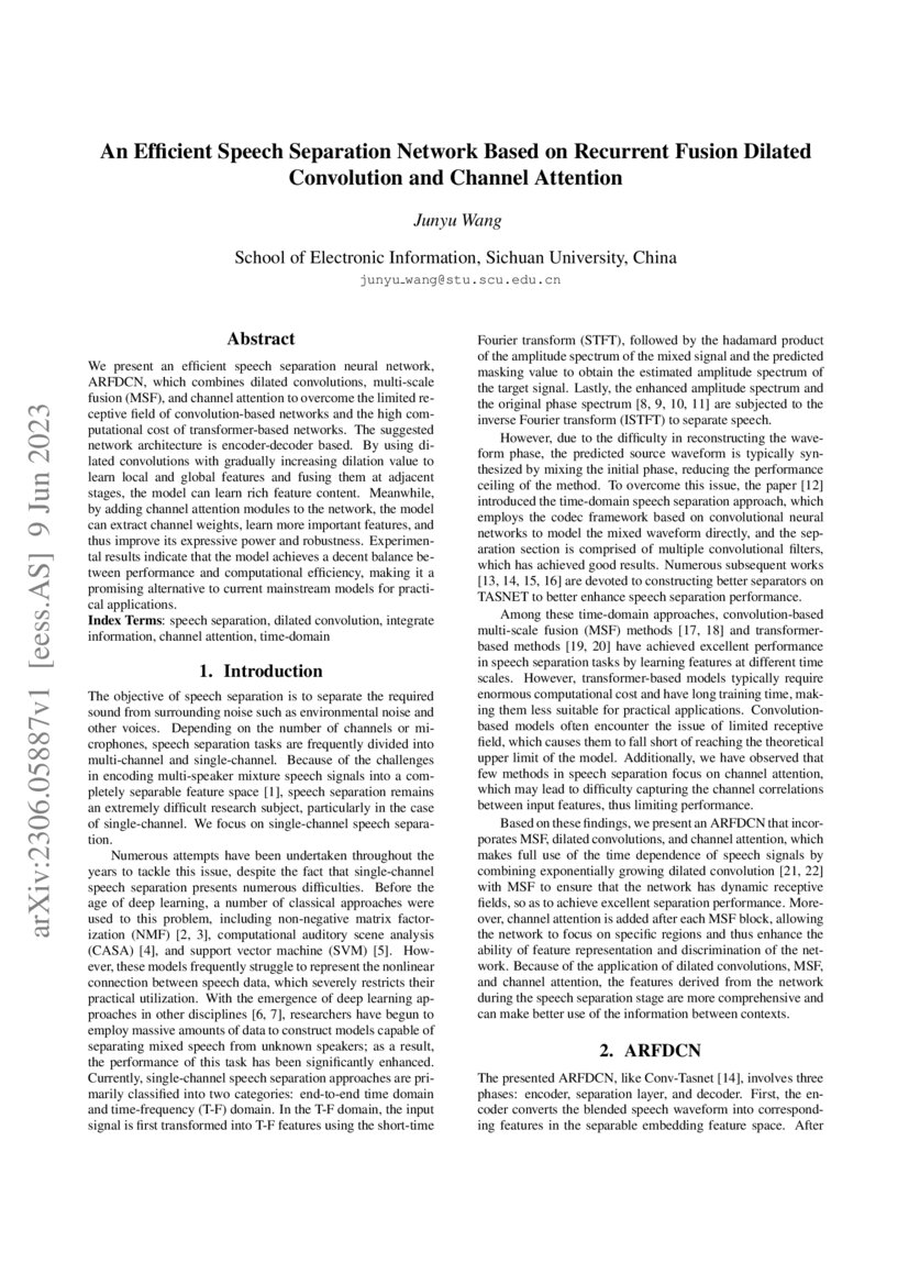 An Efficient Speech Separation Network Based On Recurrent Fusion