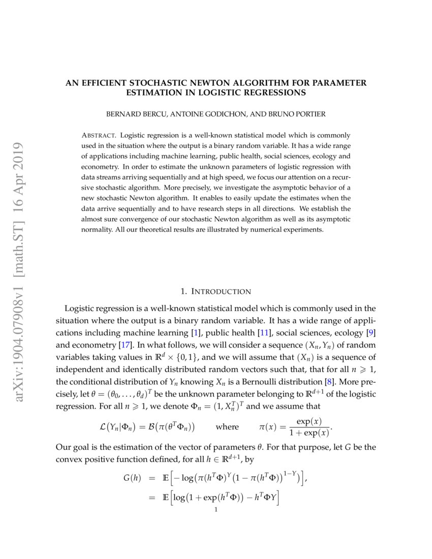 An Efficient Stochastic Newton Algorithm For Parameter Estimation In Logistic Regressions Deepai