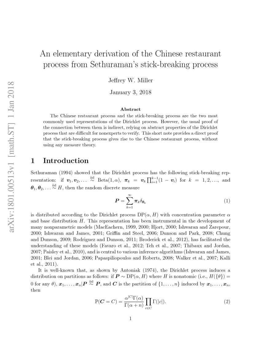 An Elementary Derivation Of The Chinese Restaurant Process From Sethuramans Stick Breaking