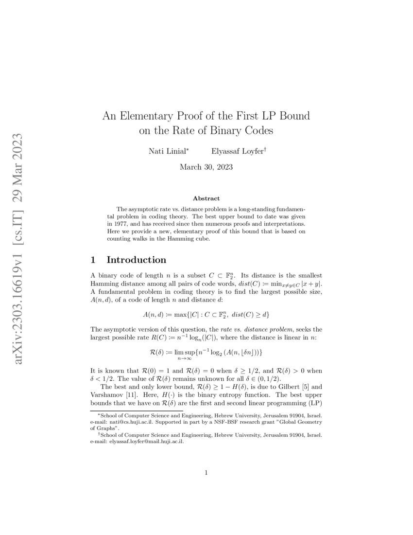 An Elementary Proof Of The First Lp Bound On The Rate Of Binary Codes Deepai