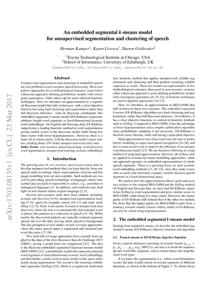 An Embedded Segmental K Means Model For Unsupervised Segmentation And Clustering Of Speech Deepai 