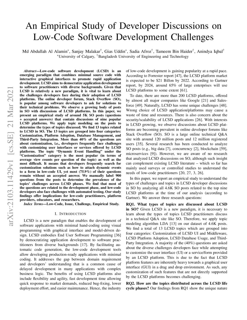 An Empirical Study of Developer Discussions on Low-Code Software Development Challenges | DeepAI