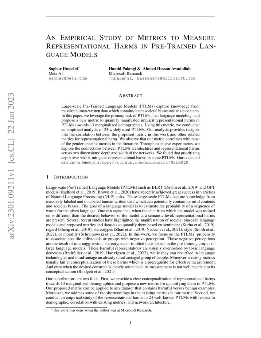 An Empirical Study of Metrics to Measure Representational Harms in Pre-Trained Language Models ...