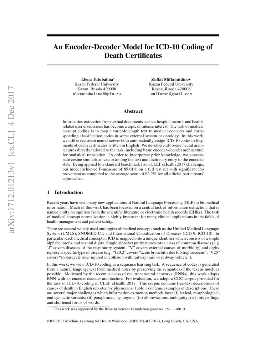 An Encoder-Decoder Model for ICD-10 Coding of Death Certificates | DeepAI