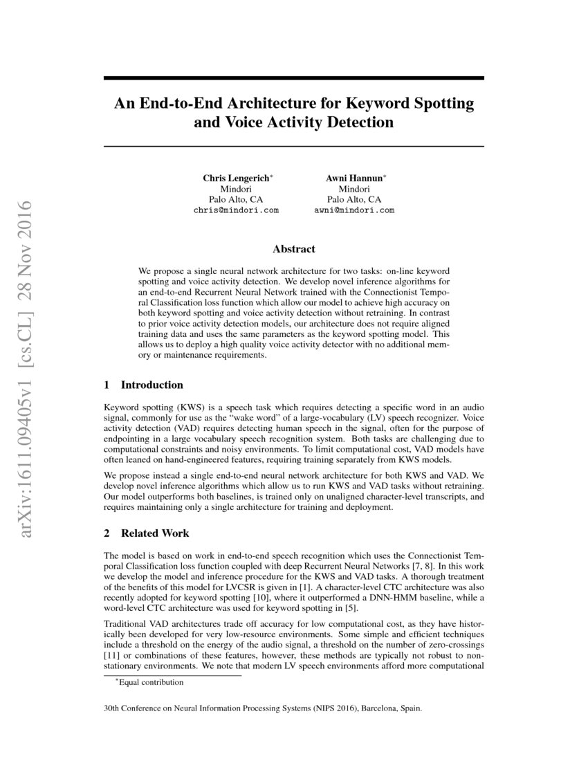 An End-to-End Architecture for Keyword Spotting and Voice Activity Detection | DeepAI