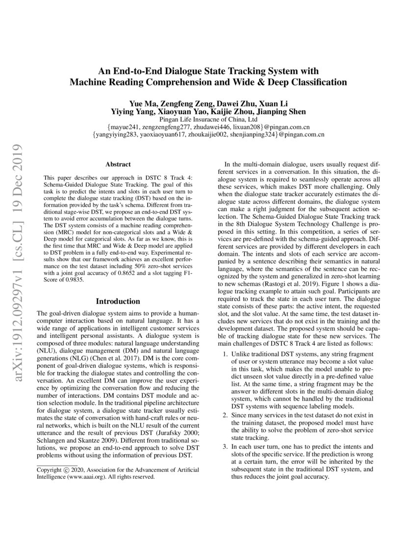 An End-to-End Dialogue State Tracking System with Machine Reading Comprehension and Wide Deep ...