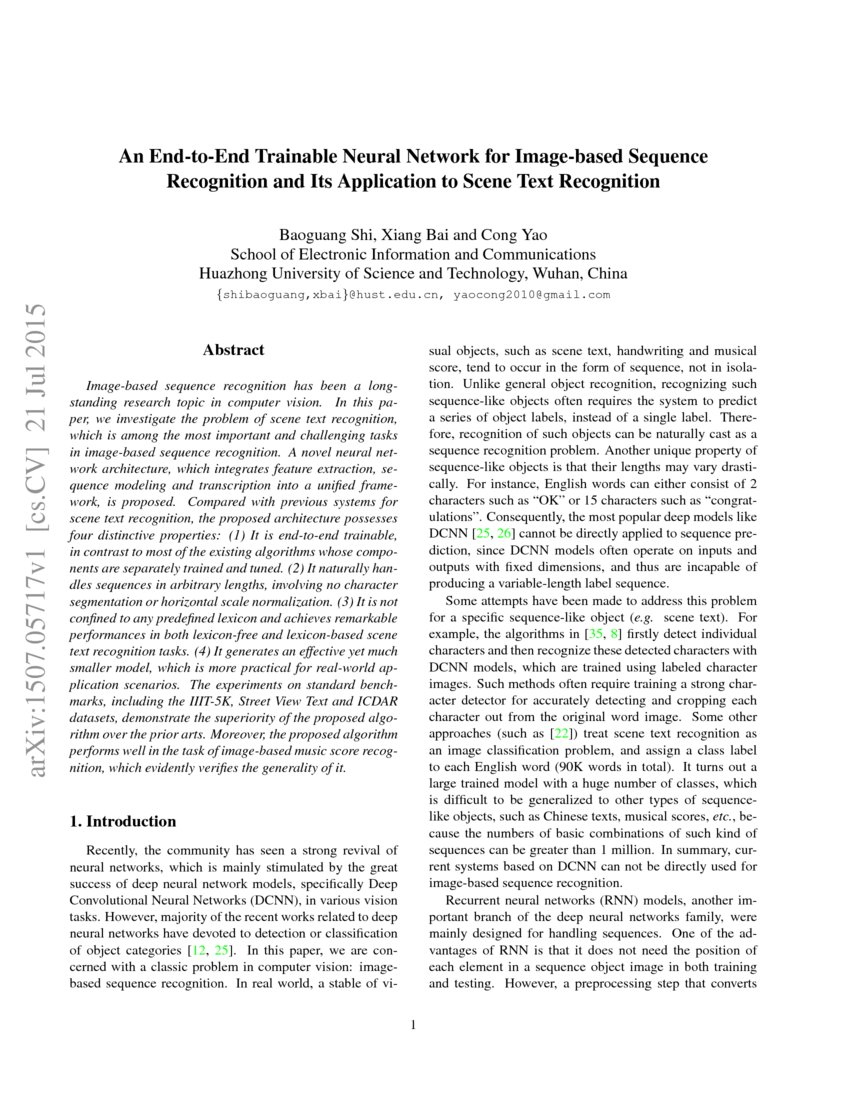 An End To End Trainable Neural Network For Image Based Sequence Recognition And Its Application